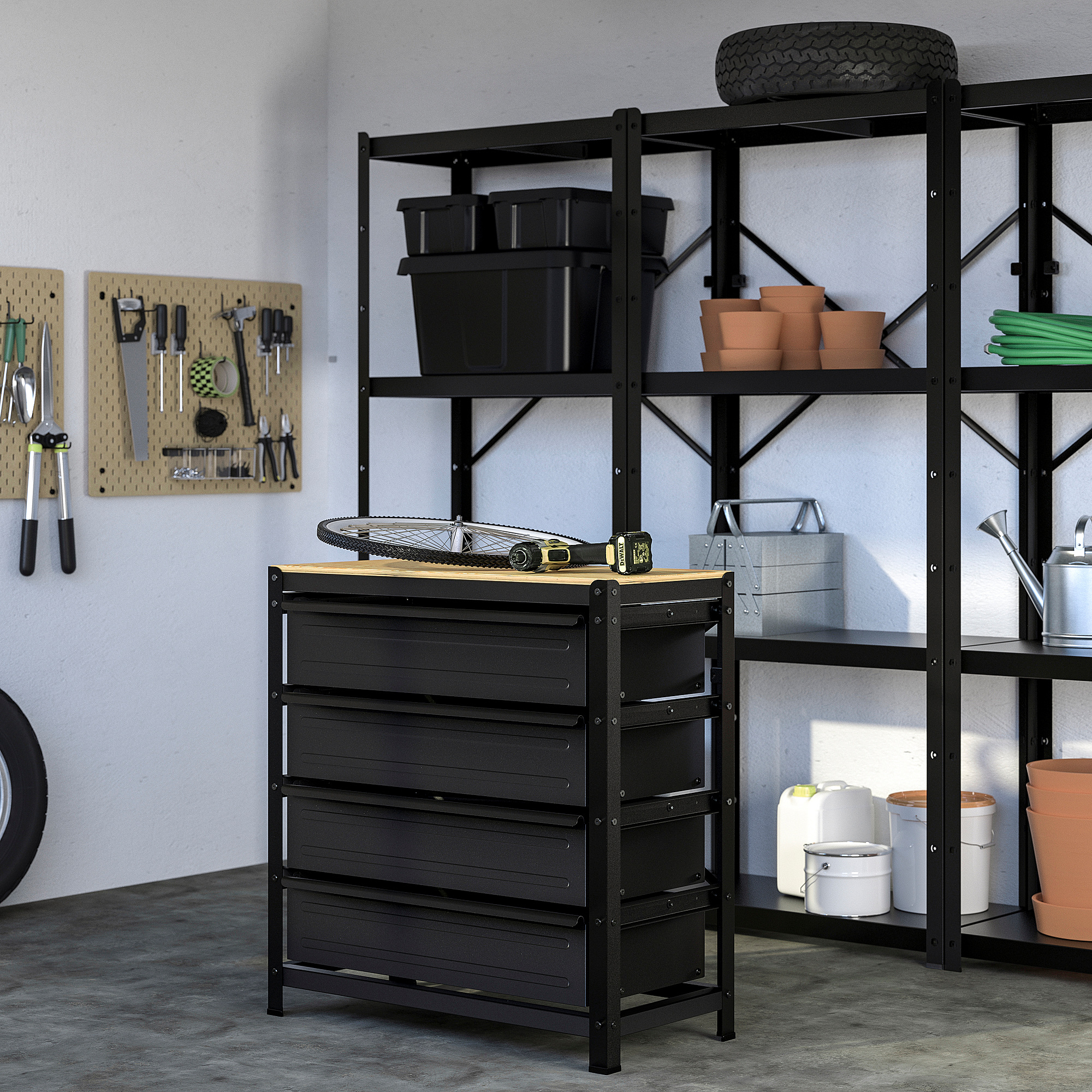 BROR - work bench with drawers, black/pine plywood | IKEA Taiwan Online