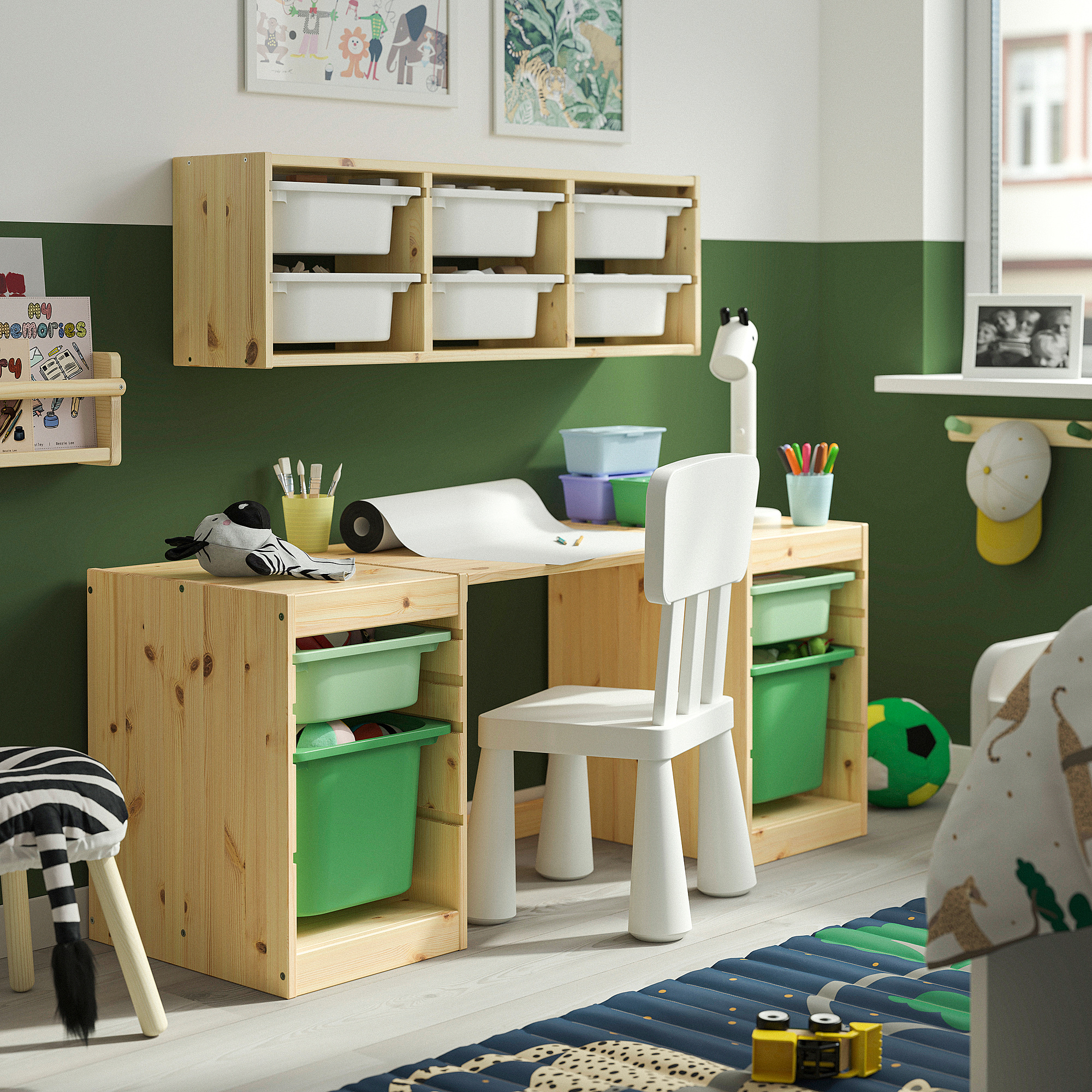 TROFAST - desk with storage boxes, light white stained pine/light green ...